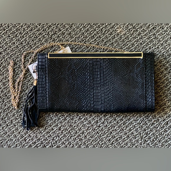 Bags | Brand New Black Faux Snakeskin Clutch With Removable Chain ...